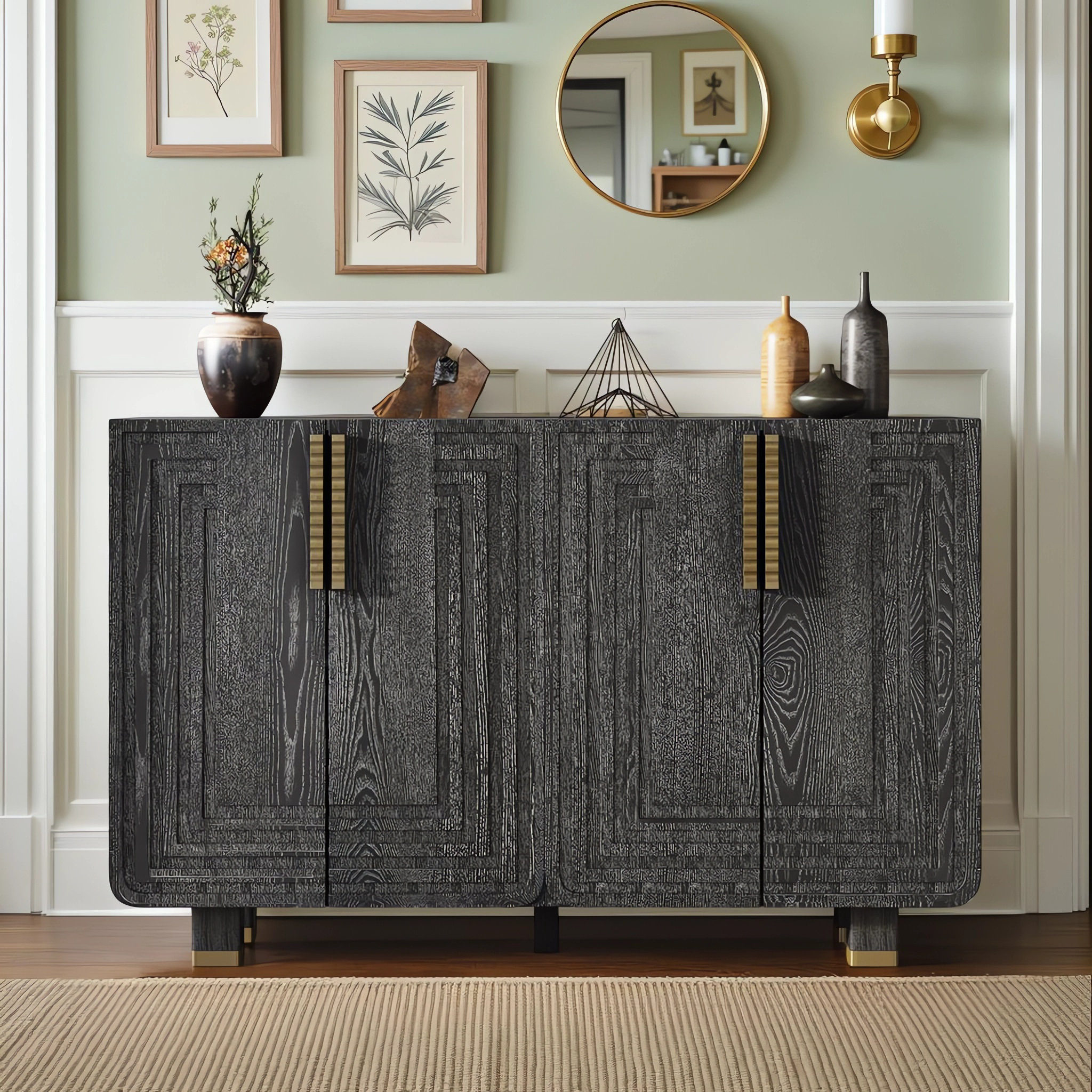 Ebern Designs 54" Retro 4-Door Sideboard,3D Carved Designed Ash Veneer Buffet Cabinet With Gold ...